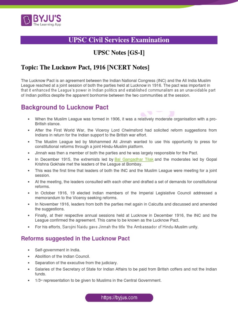The Lucknow Pact 1916 NCERT Notes | PDF