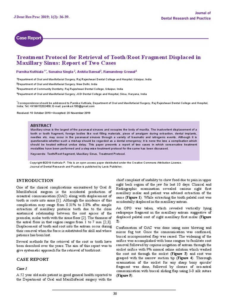 Treatment Protocol For Retrieval of Toothroot Fragment Displaced in Maxillary Sinus Report of ...