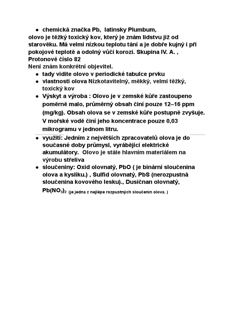 Chemická Značka PB, Latinsky Plumbum | PDF