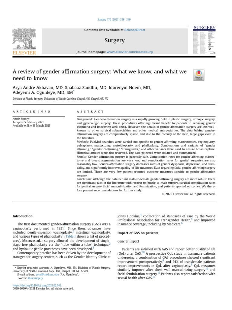 A Review of Gender Affirmation Surgery - What We Know, and What We Need ...