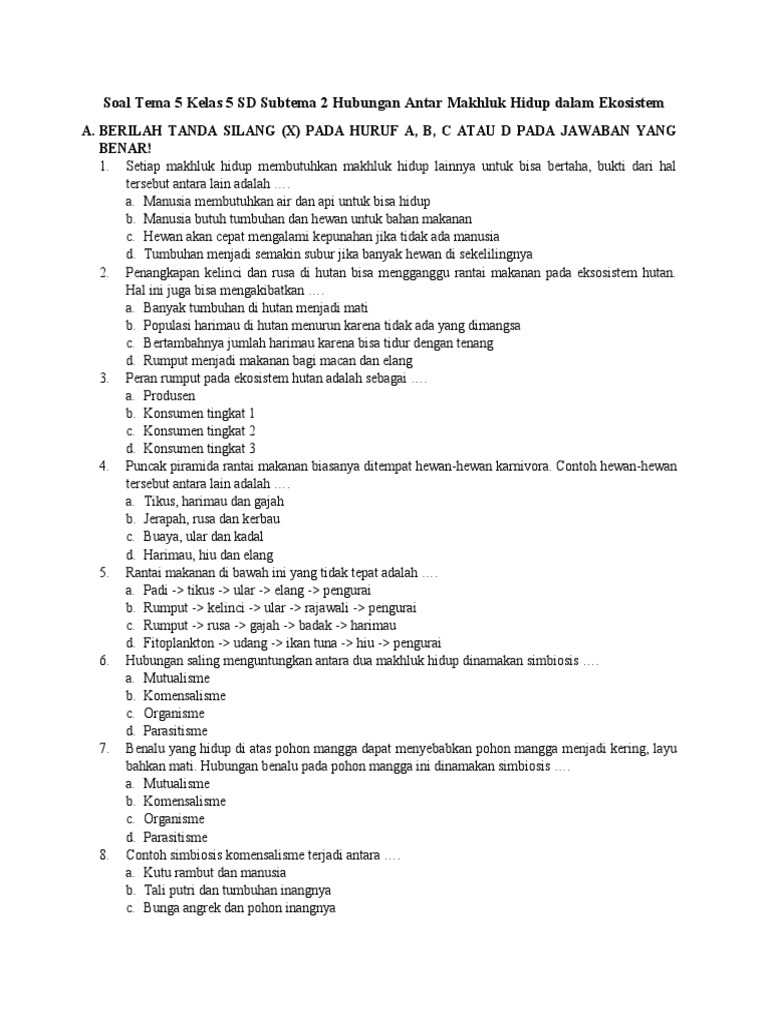 Soal Tema 5 Kelas 5 SD Subtema 2 Hubungan Antar Makhluk Hidup Dalam Ekosistem | PDF | Griya & Taman
