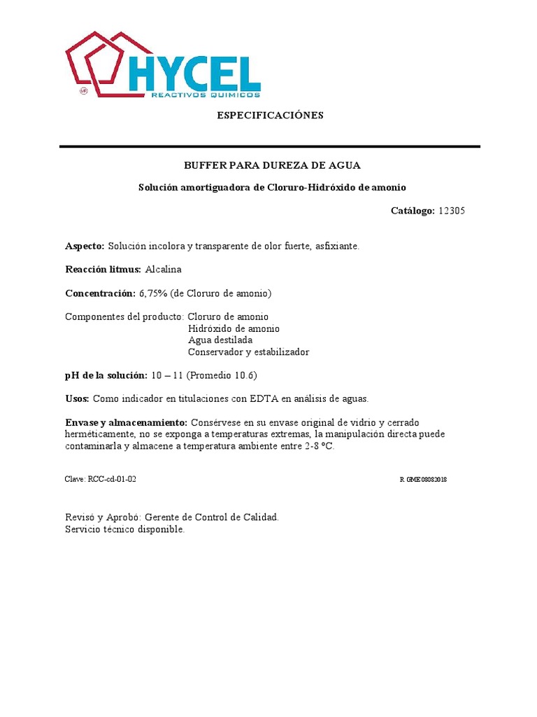 Especificaciones-Buffer para Dureza de agua-E12305-Hycel | PDF