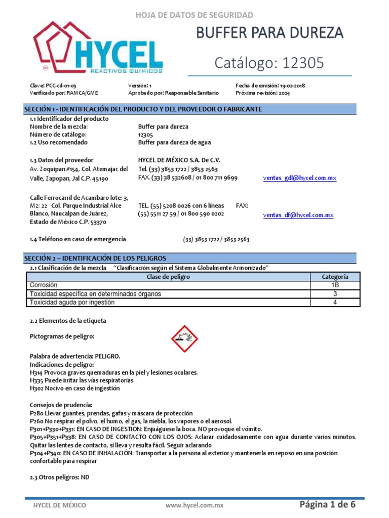 Hoja de Datos de Seguridad-Buffer para Dureza-12305-Hycel | Descargar gratis PDF | Amoníaco | Agua