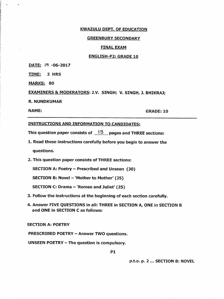 2017 June Eng p2 QP Memo | PDF