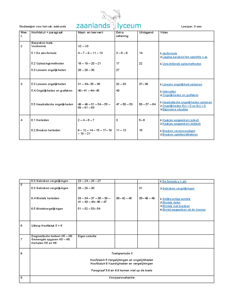Studiewijzer - Wiskunde 3 Vwo Periode 3 | PDF