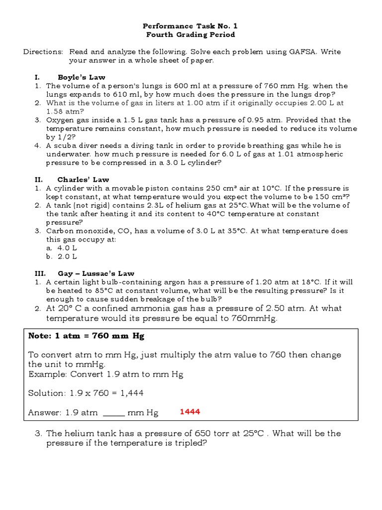 Gas Laws Performance Task Worksheet | PDF