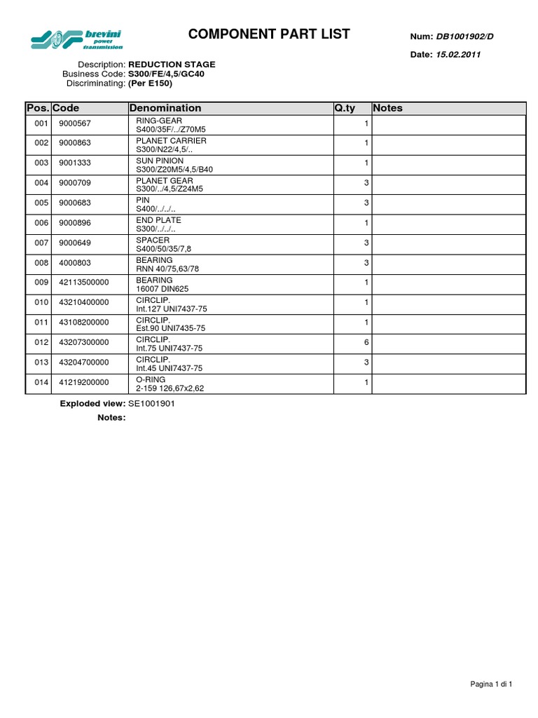Component Part List: Pos. Code Denomination Q.ty Notes | PDF