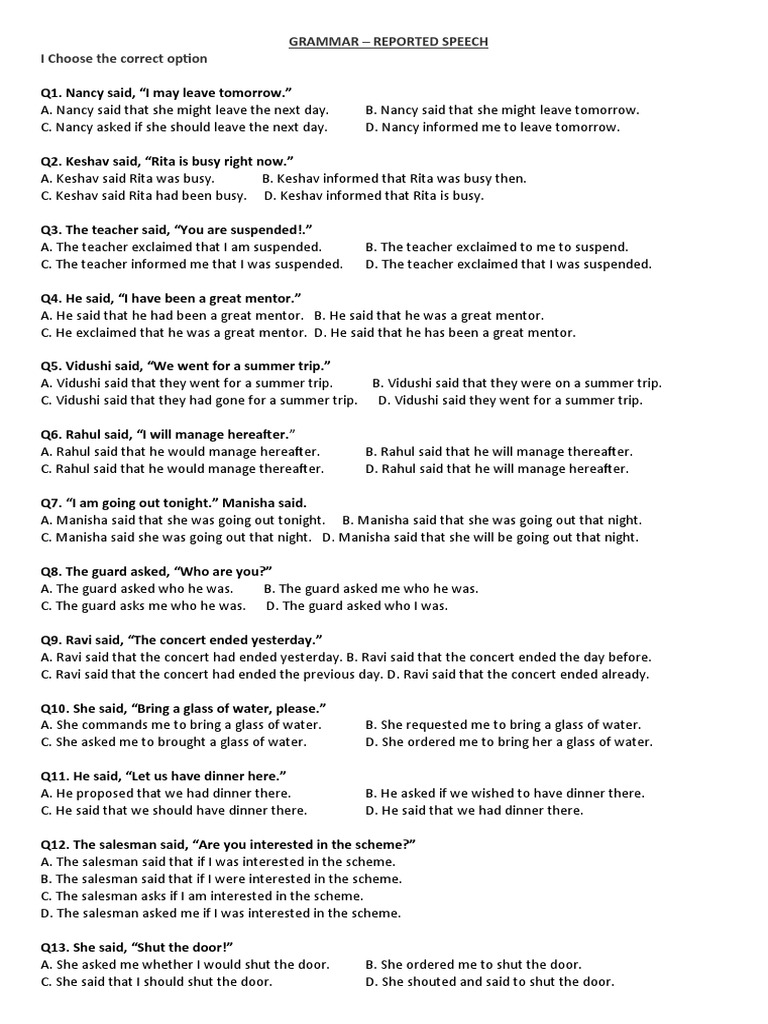 Reported Speech Exercises for Class 7 | PDF