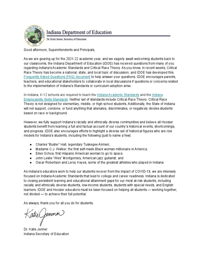 Memo Sent To School Administrators by Dr. Katie Jenner, Indiana ...