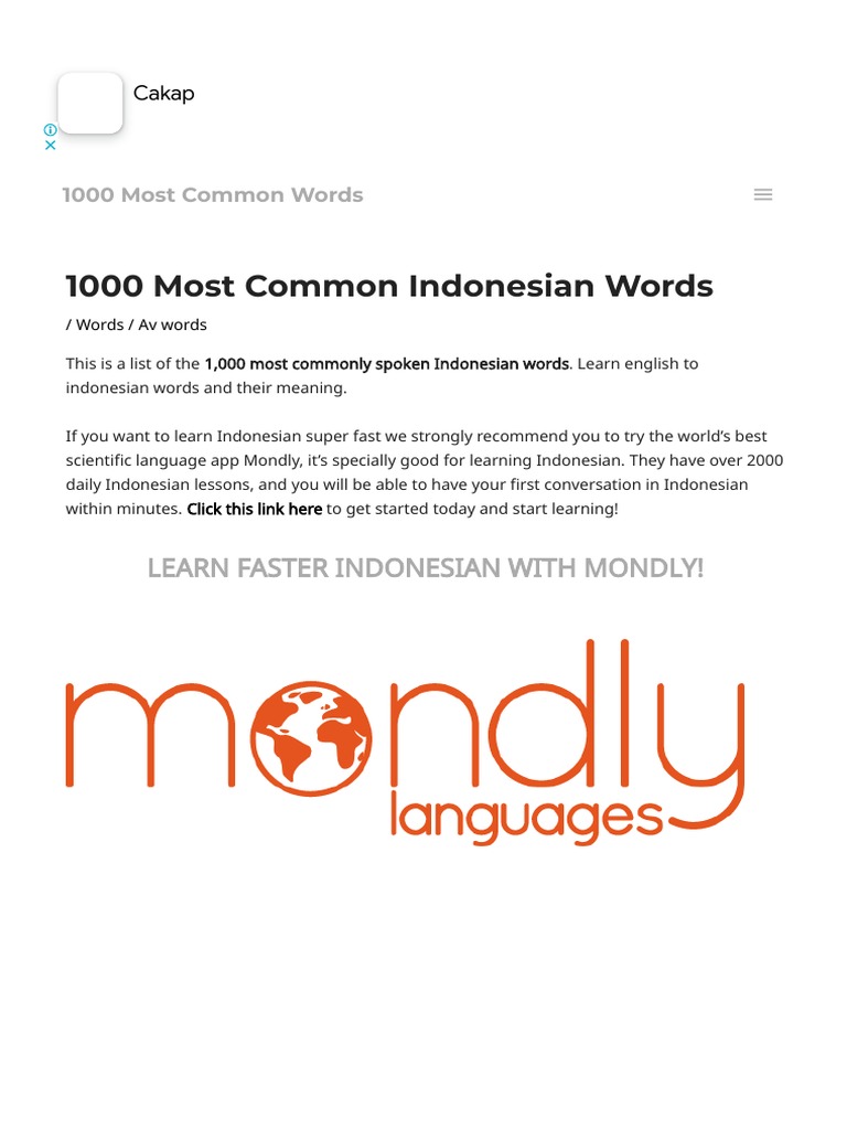 1000 Most Common Indonesian Words - 100% Best List of Words | PDF