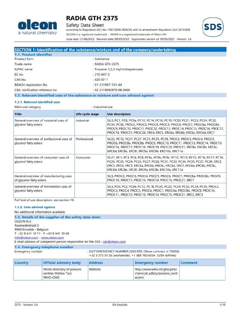Oleon Radia GTH 2375 - SDS | PDF