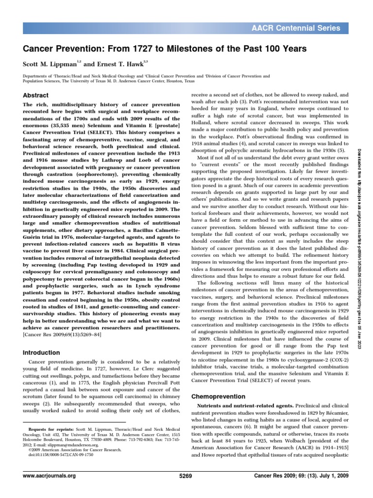 Cancer Prevention From 1727 To Milestones of The Past 100 Years | PDF