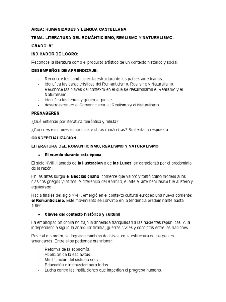 Tema Romanticismo, Realismo y Naturalismo Noveno | PDF | Realismo ...