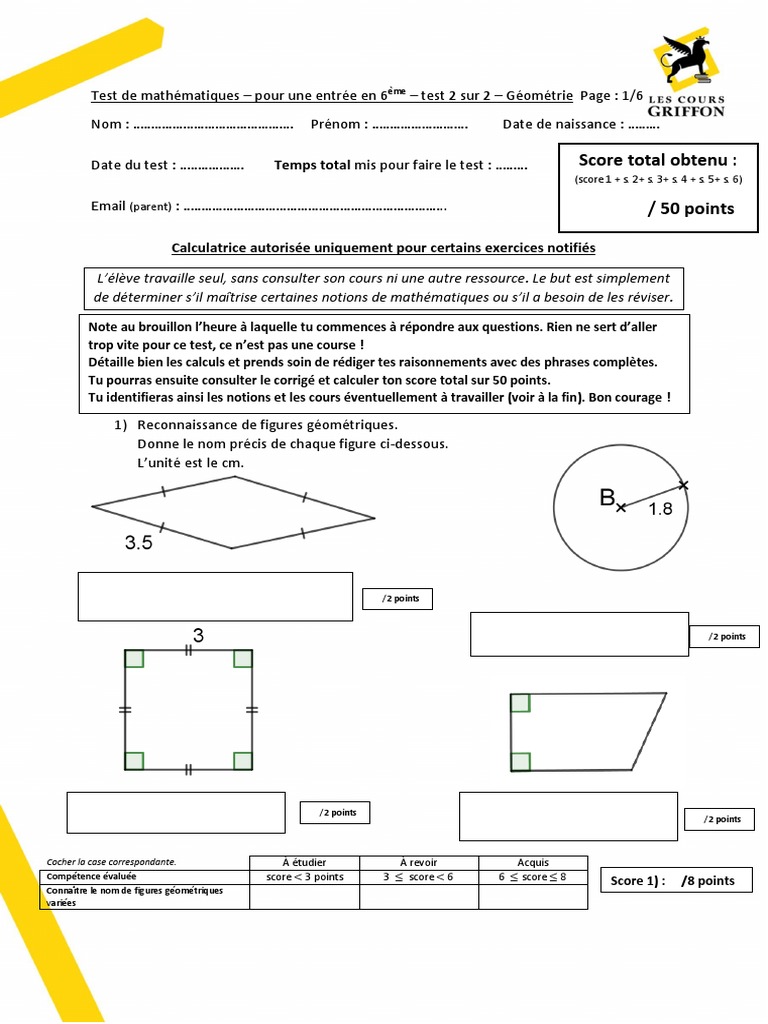 Test de maths d'entrée en 6ème - Géométrie | PDF | Zone | Triangle