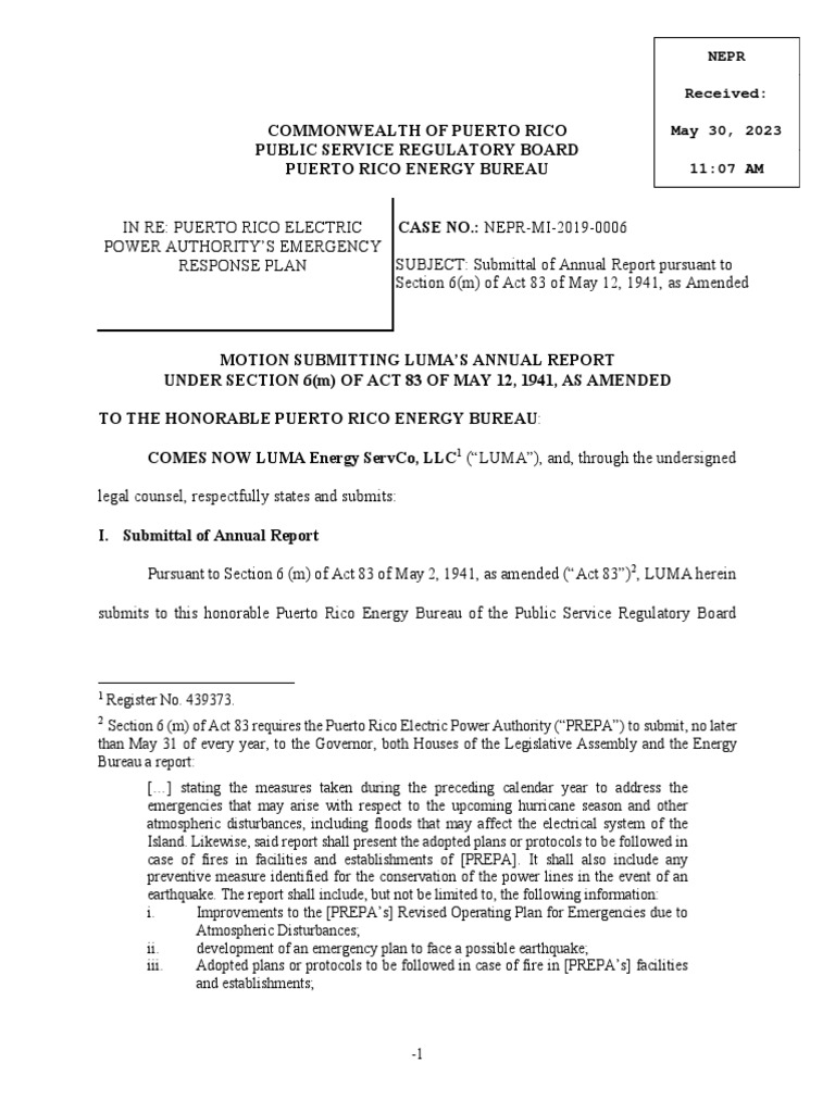 20230530 Motion Submitting LUMAs Annual Report Under Section 6m of Act ...