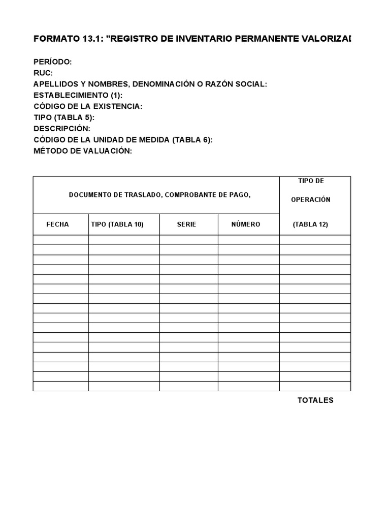 Formato 13.1: "Registro de Inventario Permanente Valorizado - Detalle Del Inventario Valorizado ...