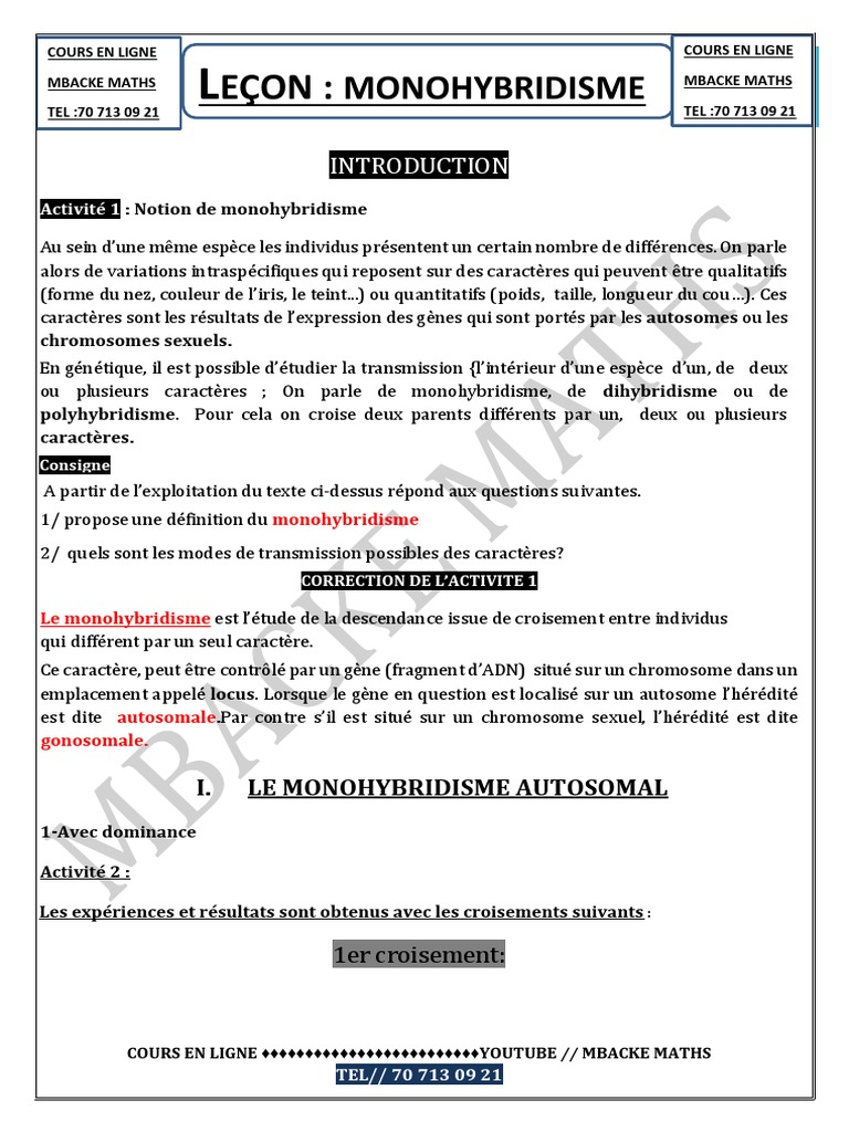 Monohybridisme : Définitions et Exemples | PDF | Dominance (Génétique ...