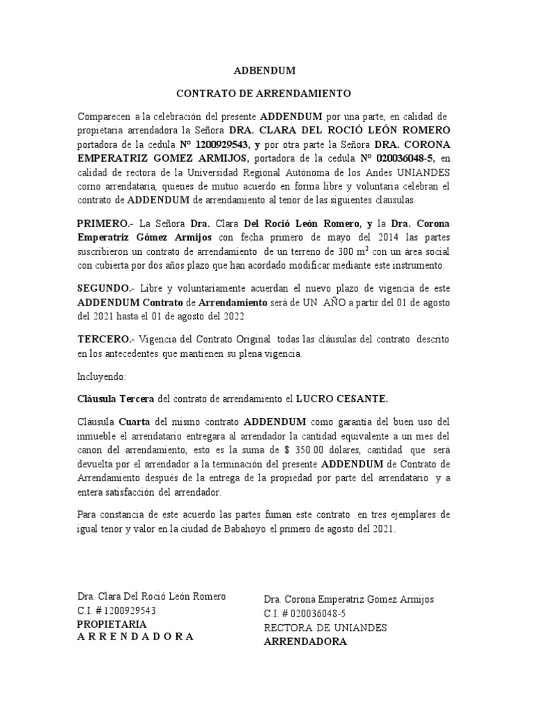 CLARA LEON ROMERO - ADENDUM DE CONTRATO DE 2021 A 2022 | PDF
