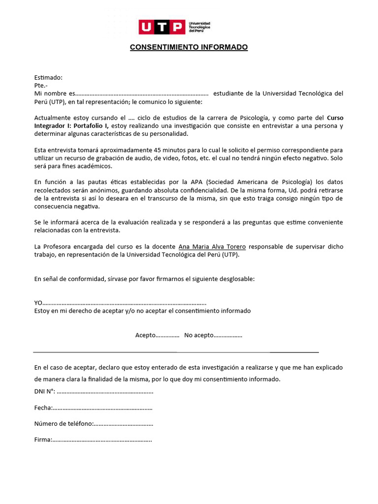Modelo Consentimiento Informado - Entrevista | PDF | Crecimiento personal y profesional