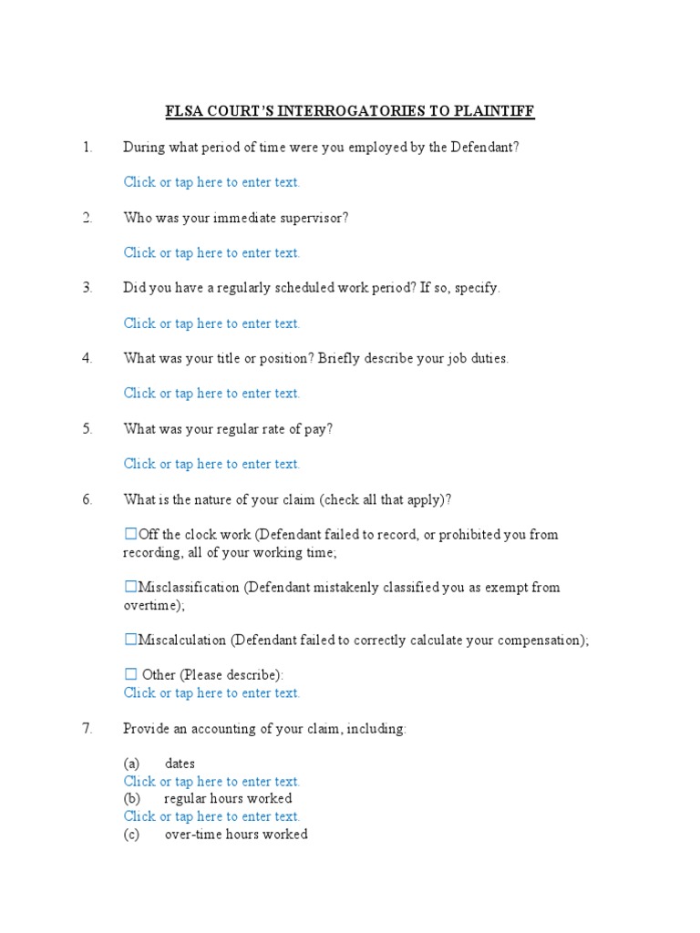 FLMD Fort Myers Division Flsa Courts Interrogatories To Plaintiff | PDF ...
