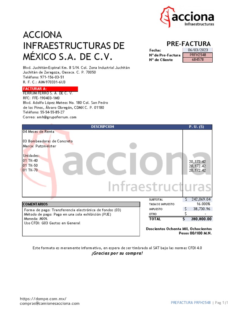 Prefactura Renta Acciona PRFH2548 | PDF