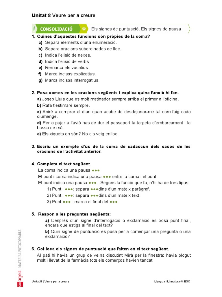 Fitxa Ortografia Tema 8. Els Signes de Puntuació. Els Signes de Pausa ...