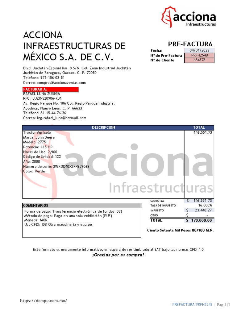 Prefactura Acciona PRFH2548 | PDF