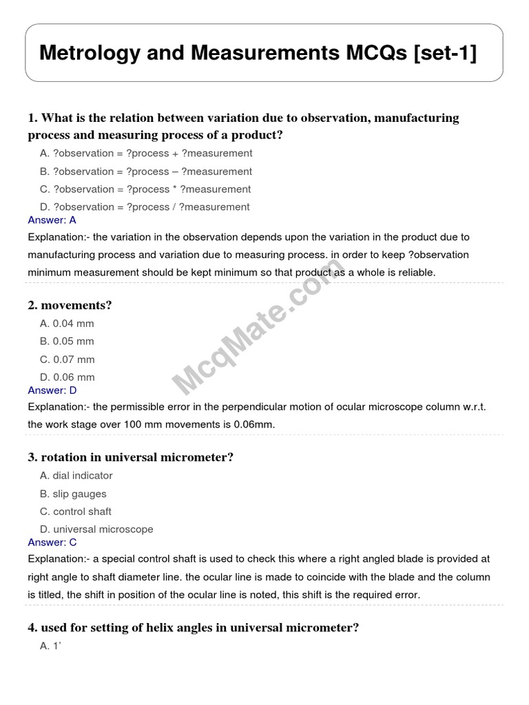 Metrology and Measurements Solved MCQs [set-1] McqMate.com | PDF