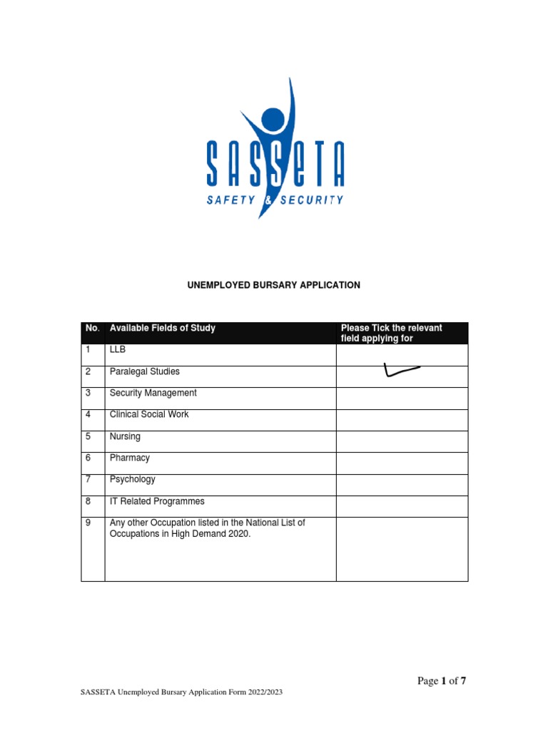 SASSETA Bursary Application Form 2022 | Download Free PDF | Disability