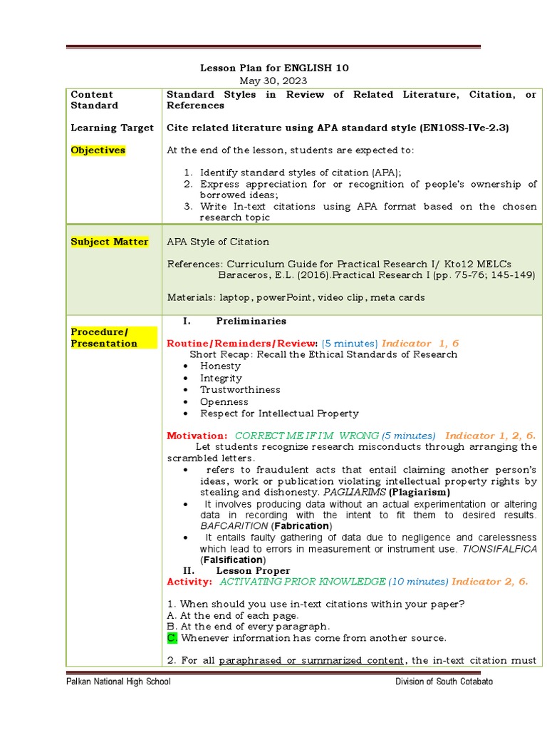 Lesson Plan - RRL | PDF | Citation | Apa Style Lesson Plan - RRL | PDF | Citation | Apa Style