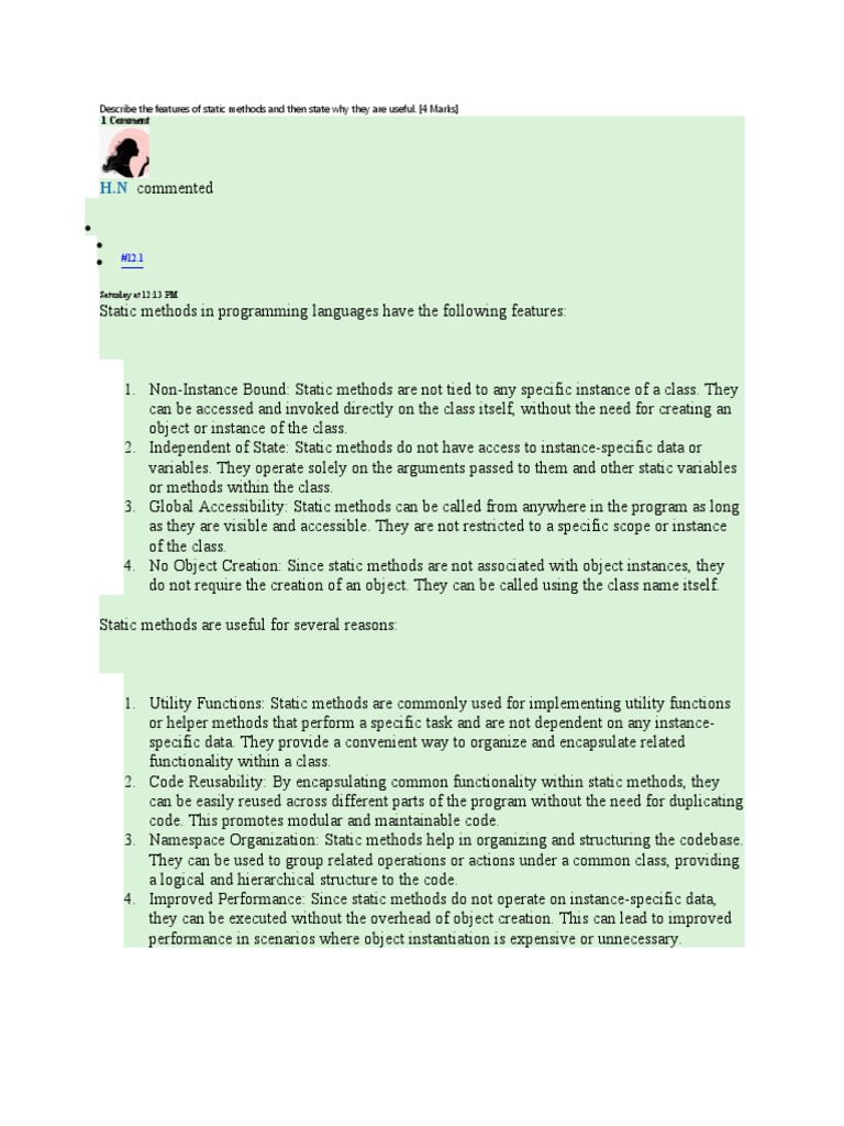 Describe The Features Of Static Methods And Then State Why They Are Useful Pdf Method