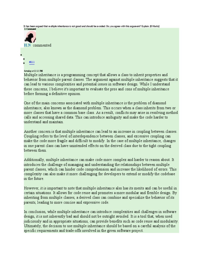 It Has Been Argued That Multiple Inheritance Is Not Good And Should Be Avoided Pdf
