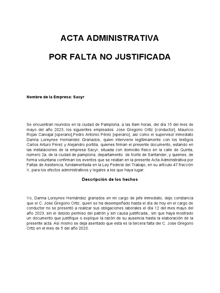 Modelo de Acta Administrativa Por Falta | PDF