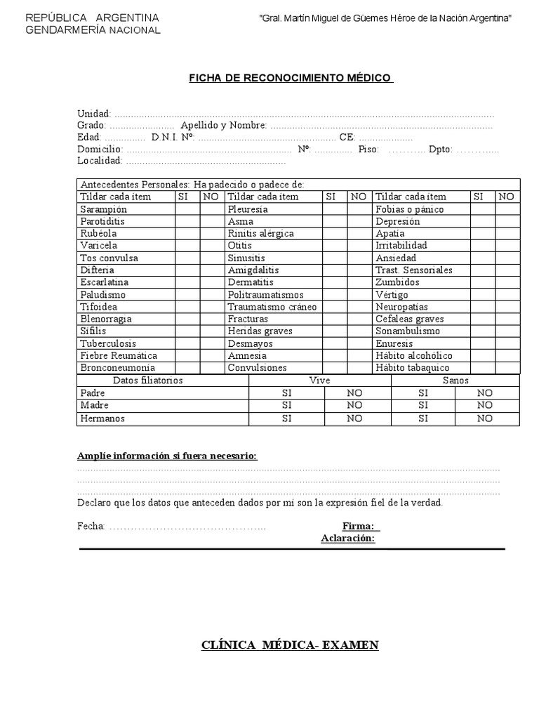 FICHA EXAMEN MÉDICO INGRESO GN | PDF | Medicina CLINICA | Cuidado de la salud