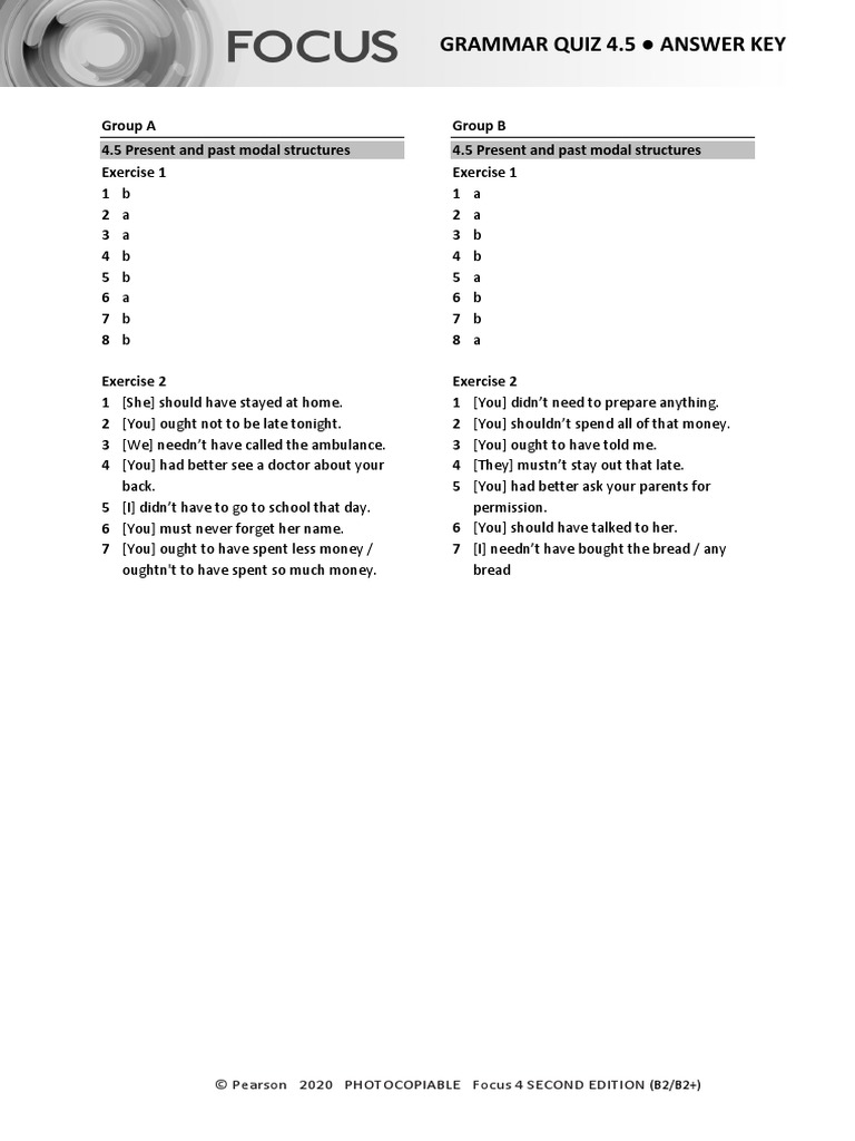 Focus4 2E Grammar Quiz Unit4 5 GroupA B ANSWERS | PDF