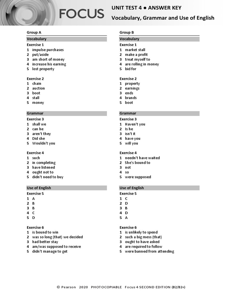 Focus4 2E Unit Test Vocabulary Grammar UoE Unit4 GroupA B ANSWERS | PDF ...
