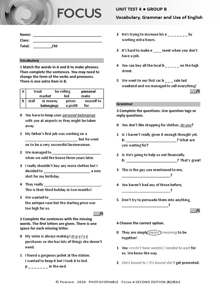 Focus4 2E Unit Test Vocabulary Grammar UoE Unit4 GroupB | PDF