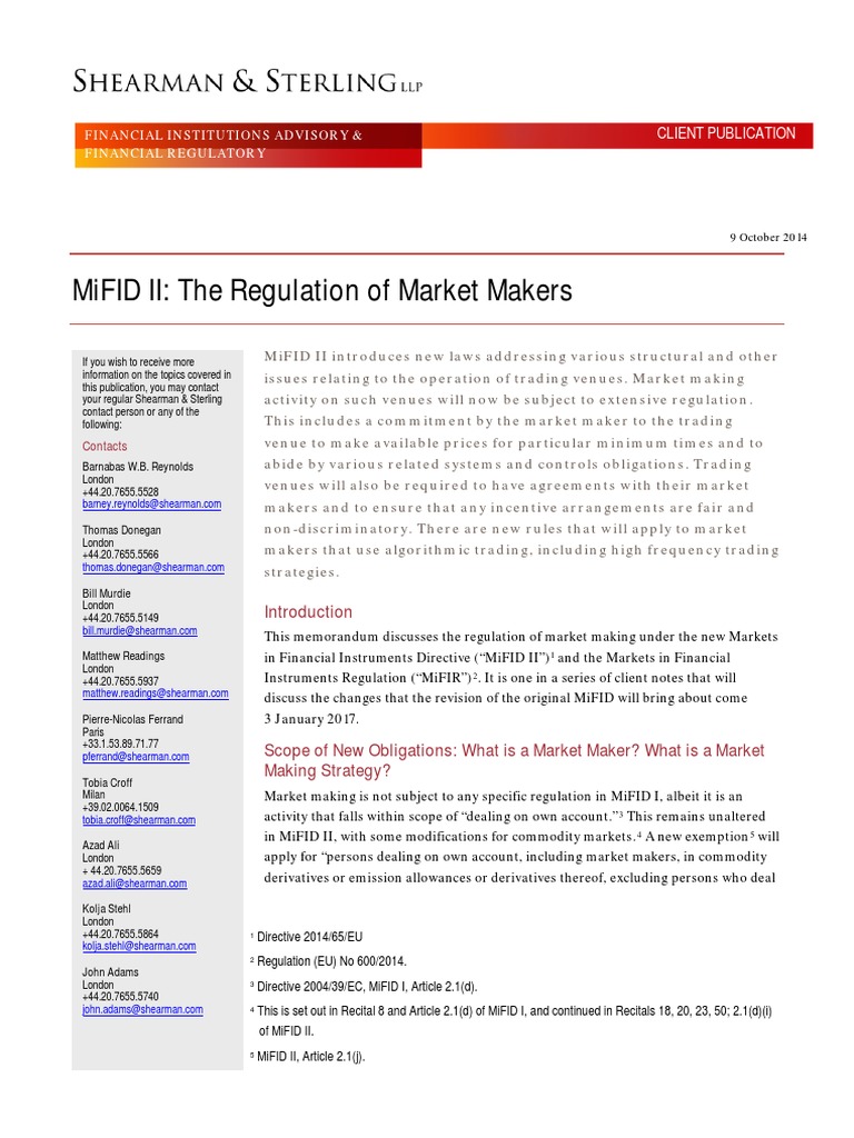 S&S MiFID II - The Regulation of Market Makers | PDF