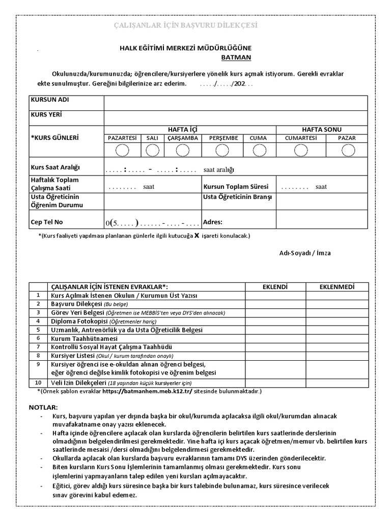 Kurs Basvuru Dilekcesi Calisanlar Icin | PDF Kurs Basvuru Dilekcesi Calisanlar Icin | PDF
