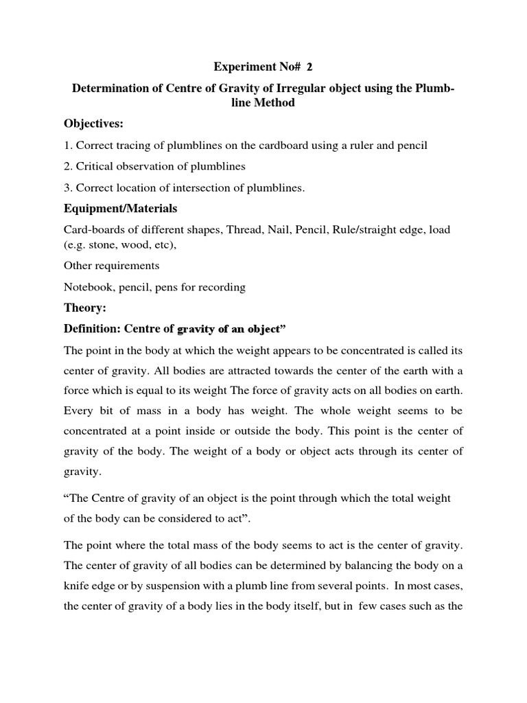 Center of Gravity via Plumb-Line Method | PDF | Home & Garden | Science ...