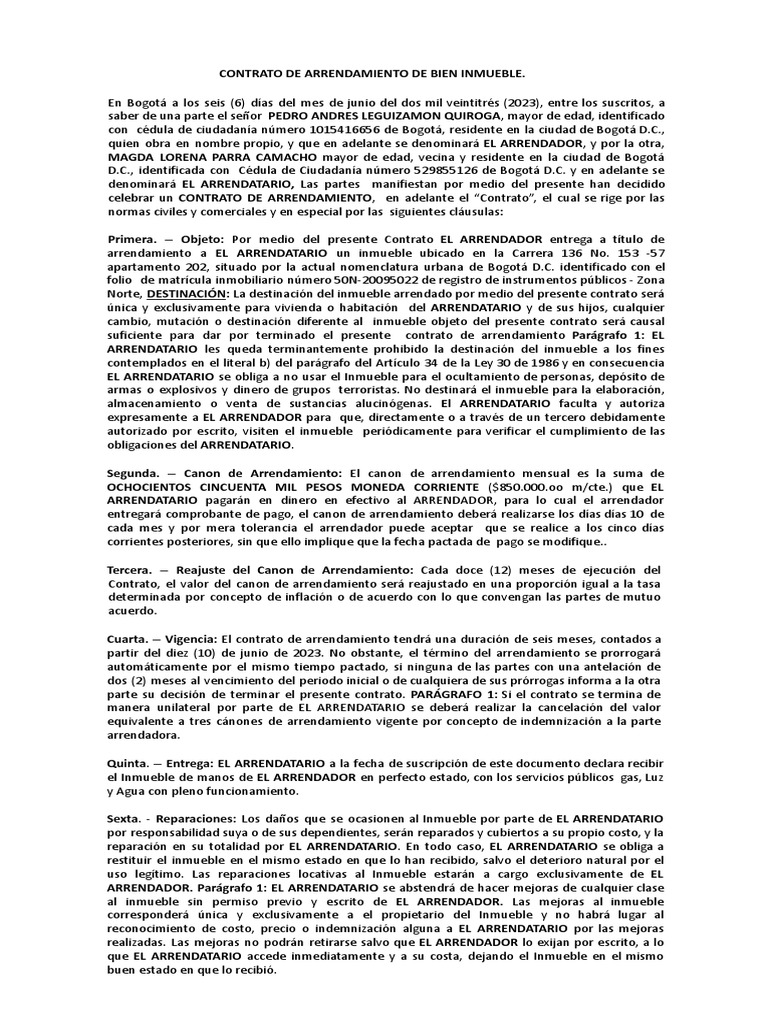 Contrato de Arrendamiento Magda Lorena Parra Camacho | PDF