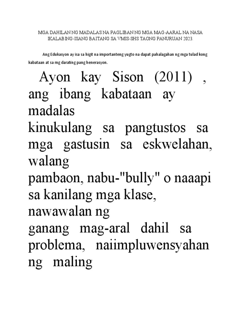 Mga Dahilan NG Madalas Na Pagliban NG Mga Mag | PDF | Social Science ...