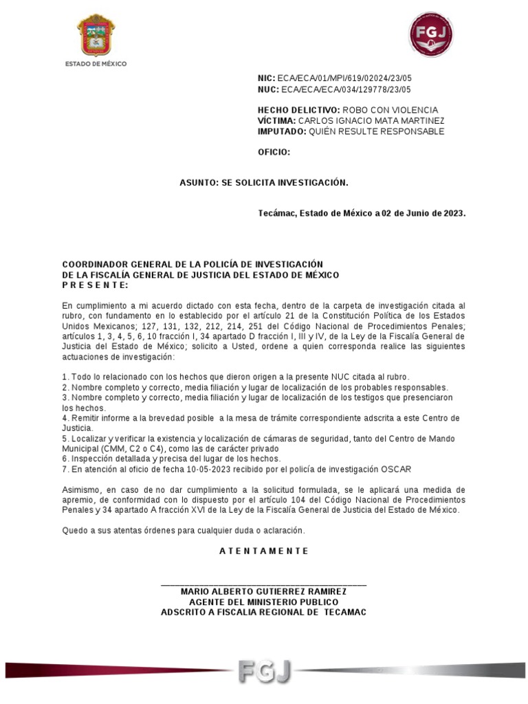 Oficio de Solicitud de Policía de Investigación | PDF