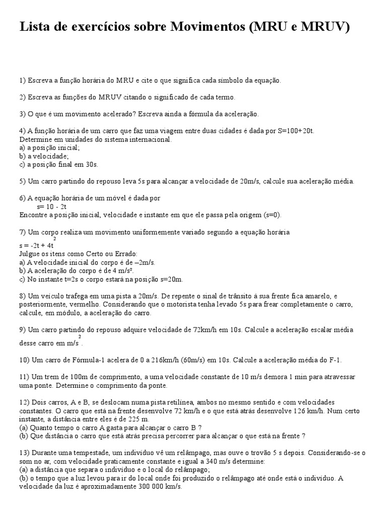 Lista de Exercícios MRU - MRUV - Turmas - 101 - A - 106 | PDF