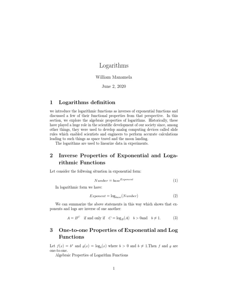 Logarithmic Functions Pdf Logarithm Exponentiation