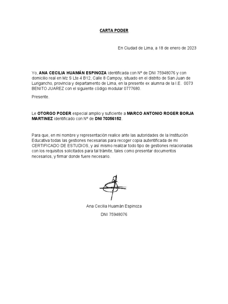 Carta Poder para Certificado de Estudios | PDF