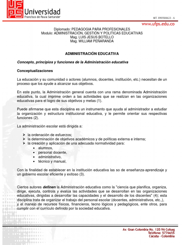 Administración Educativa. Concepto, Principios y Funciones | PDF Administración Educativa. Concepto, Principios y Funciones | PDF