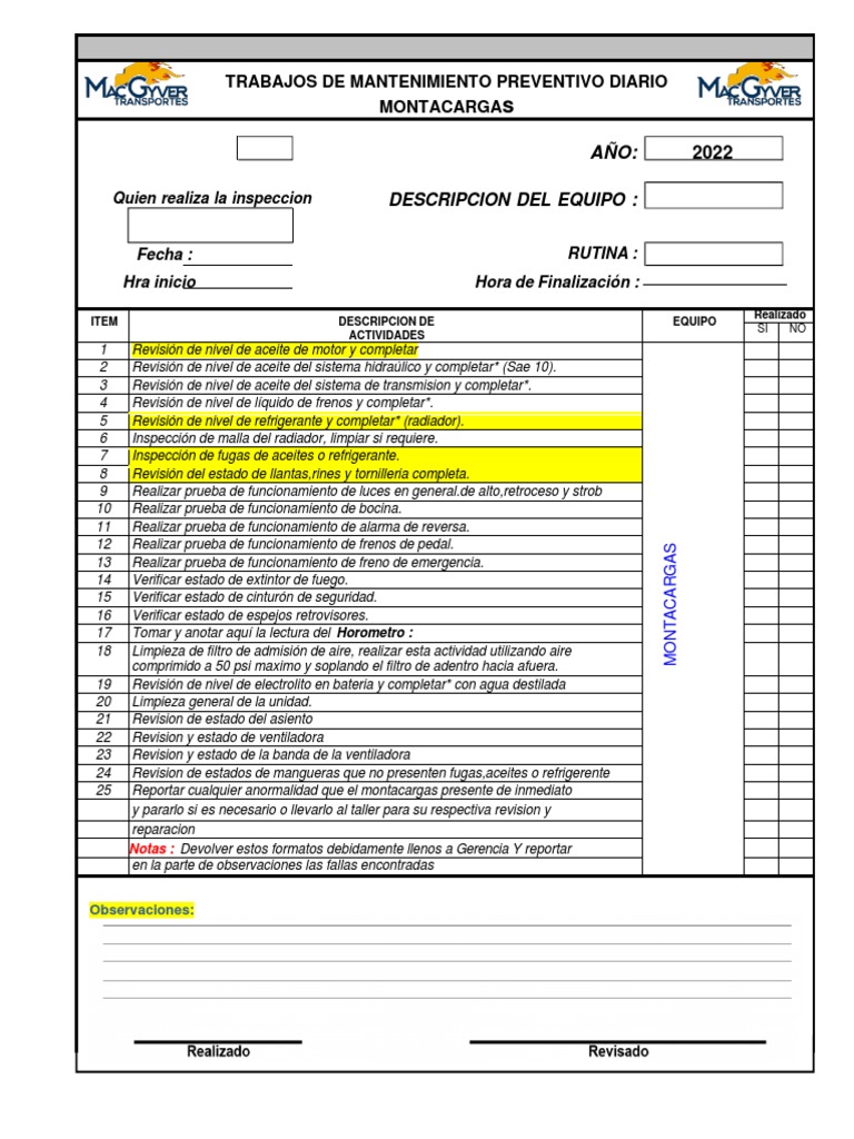 TMP-MFMP-001, Mantenimiento Preventivo Diario de Montacarga, Rev. 0 ...