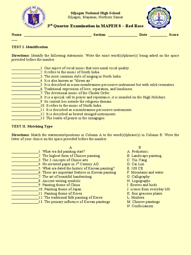 3RD Quarter Exam in Mapeh 8 | PDF | Paintings | Musical Instruments
