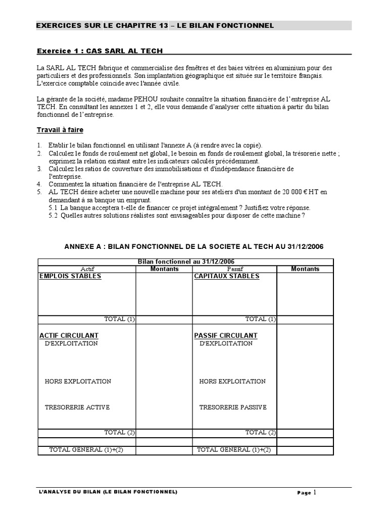 Copie de EXERCICES SUR LE Bilan Fonctionnel | PDF | Bilan comptable | Immobilisations